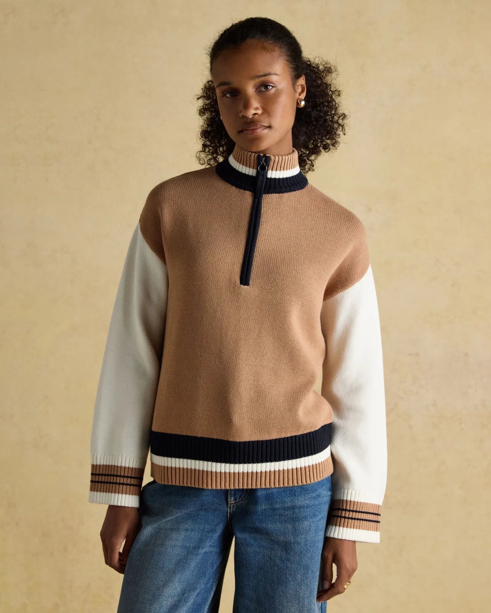 Joules Varsity Brown/Cream Colourblock Quarter Zip Cotton Jumper – Beacon