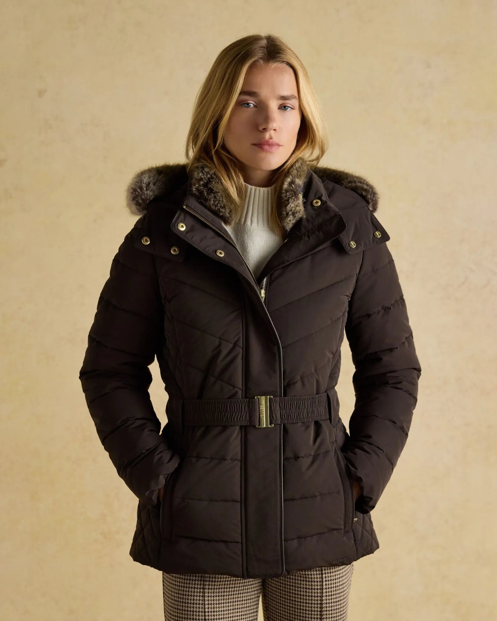 Joules Aspen Brown Showerproof Padded Coat with Faux Fur Hood – Beacon