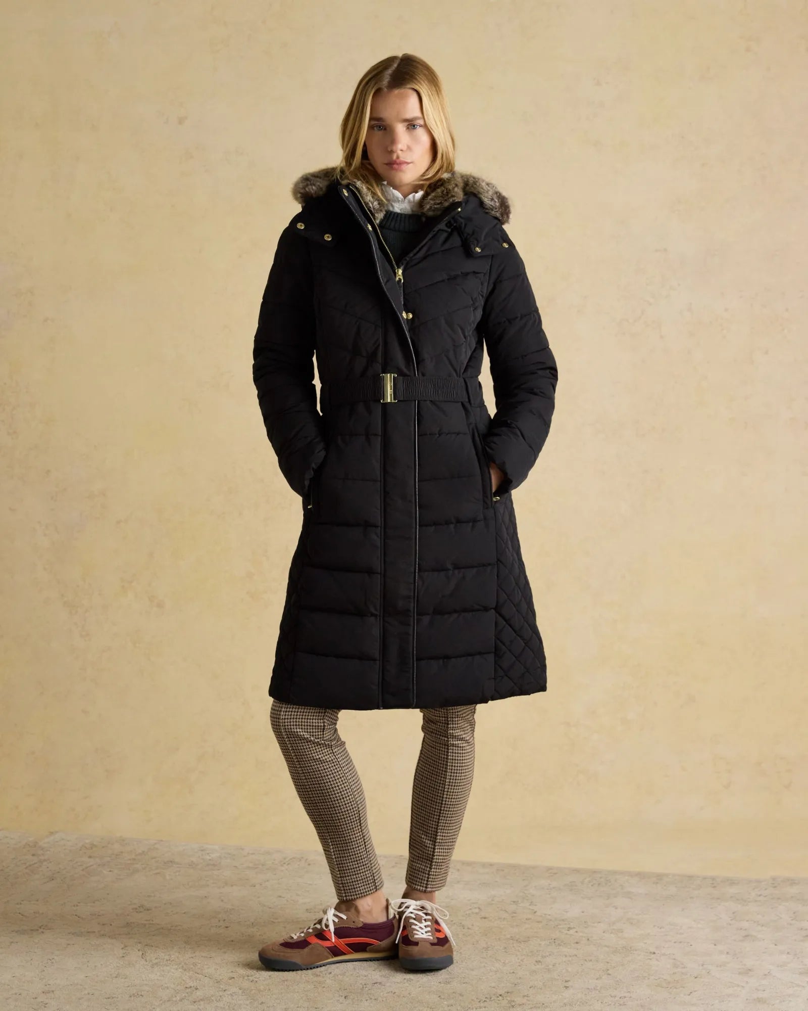 Joules Aspen Black Showerproof Longline Padded Coat with Faux Fur Hood ...