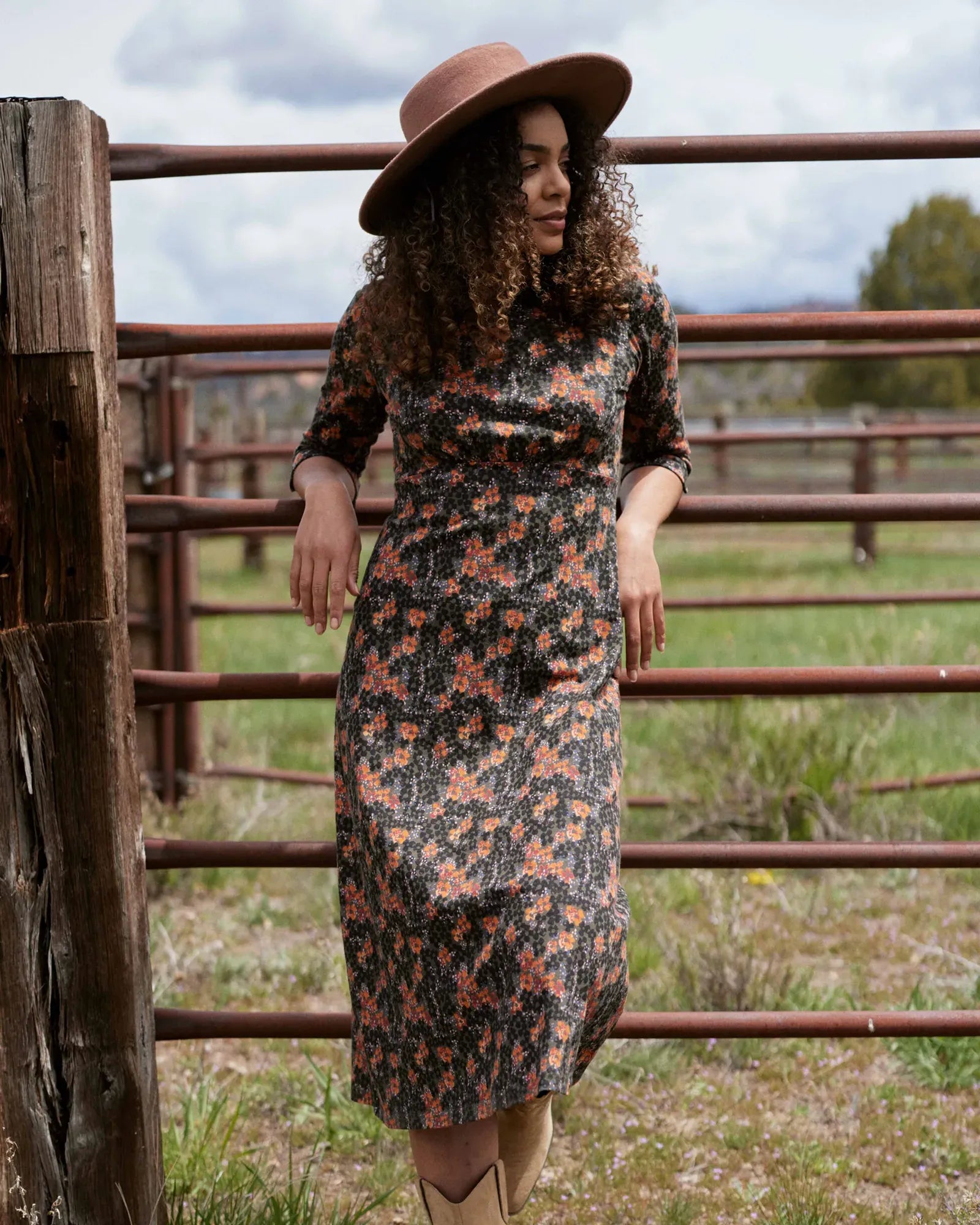 Weird Fish Felicity Fir Green Organic Cotton Printed Jersey Midi Dress ...