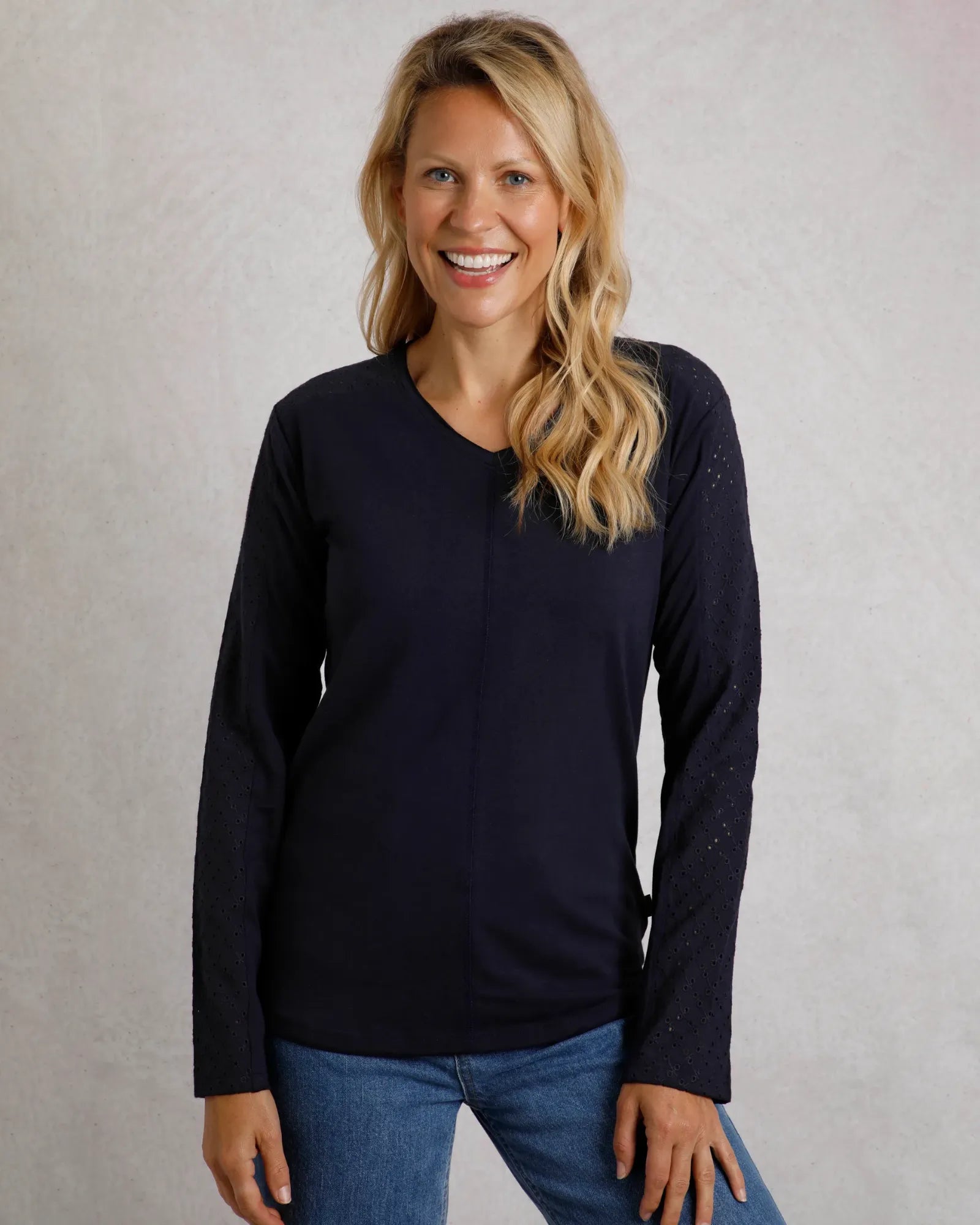 Weird Fish Topia Midnight Organic Cotton Broderie Sleeve Outfitter Top ...